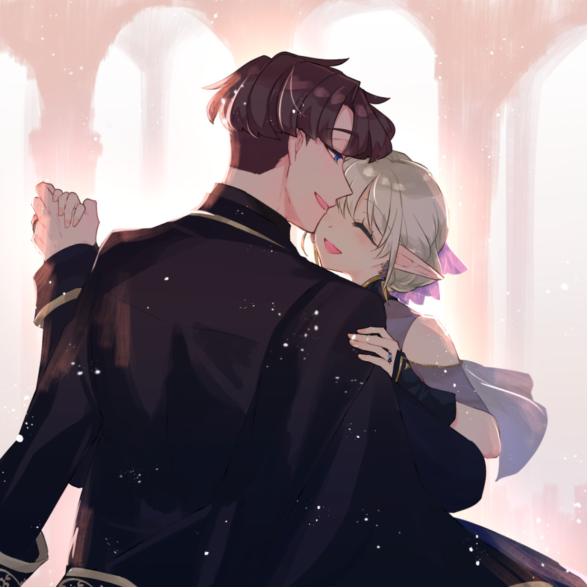 Safebooru - 1boy 1girl :d black jacket blue eyes blurry blurry background brown hair dancing elf ...