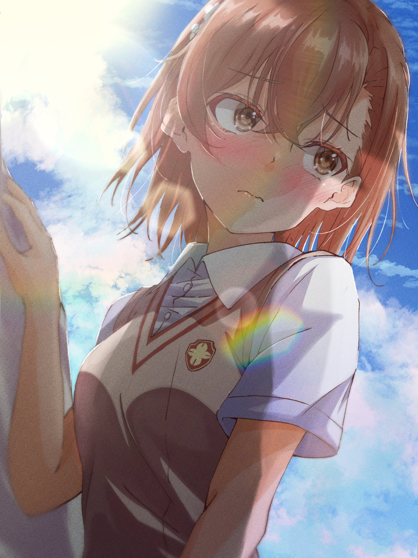 Safebooru - 1girl absurdres averting eyes blue skirt blurry blush bob cut bokeh breasts brown ...