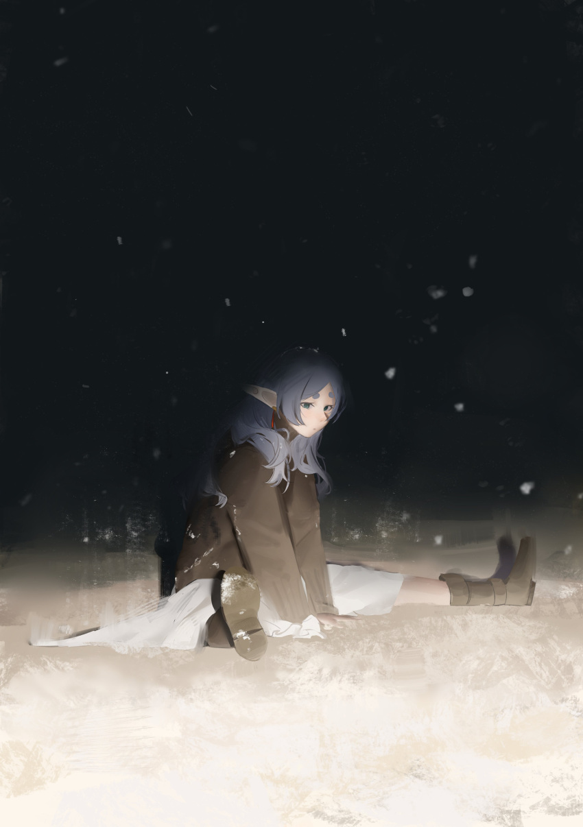 Safebooru - 1girl absurdres boots brown coat brown footwear closed mouth coat dress earrings elf ...