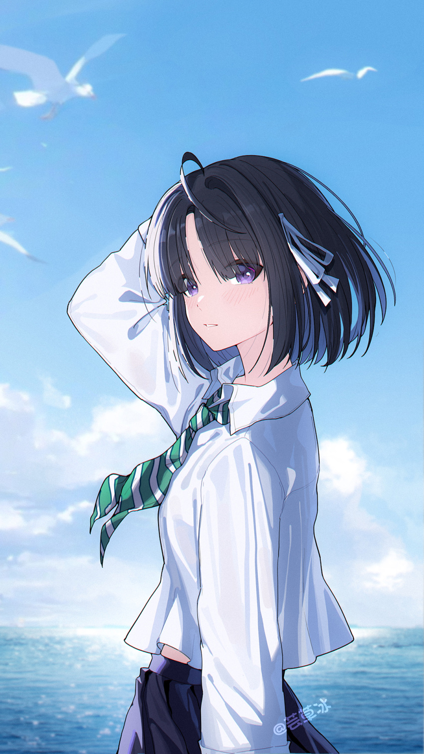Safebooru - 1girl ahoge apron arm up awa subaru bird black hair blue ...