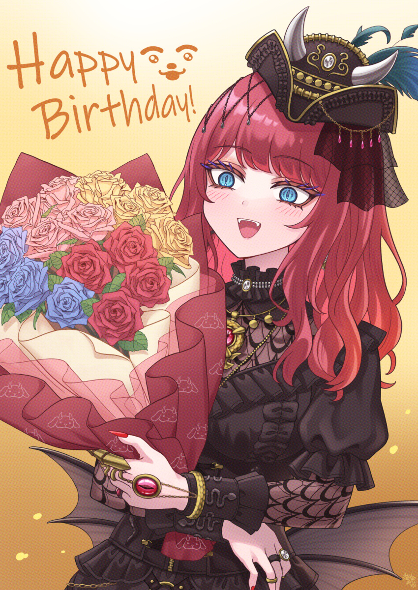 Safebooru - 1girl akatsuki hotaru black dress black hat blue eyes blue flower bouquet demon girl ...