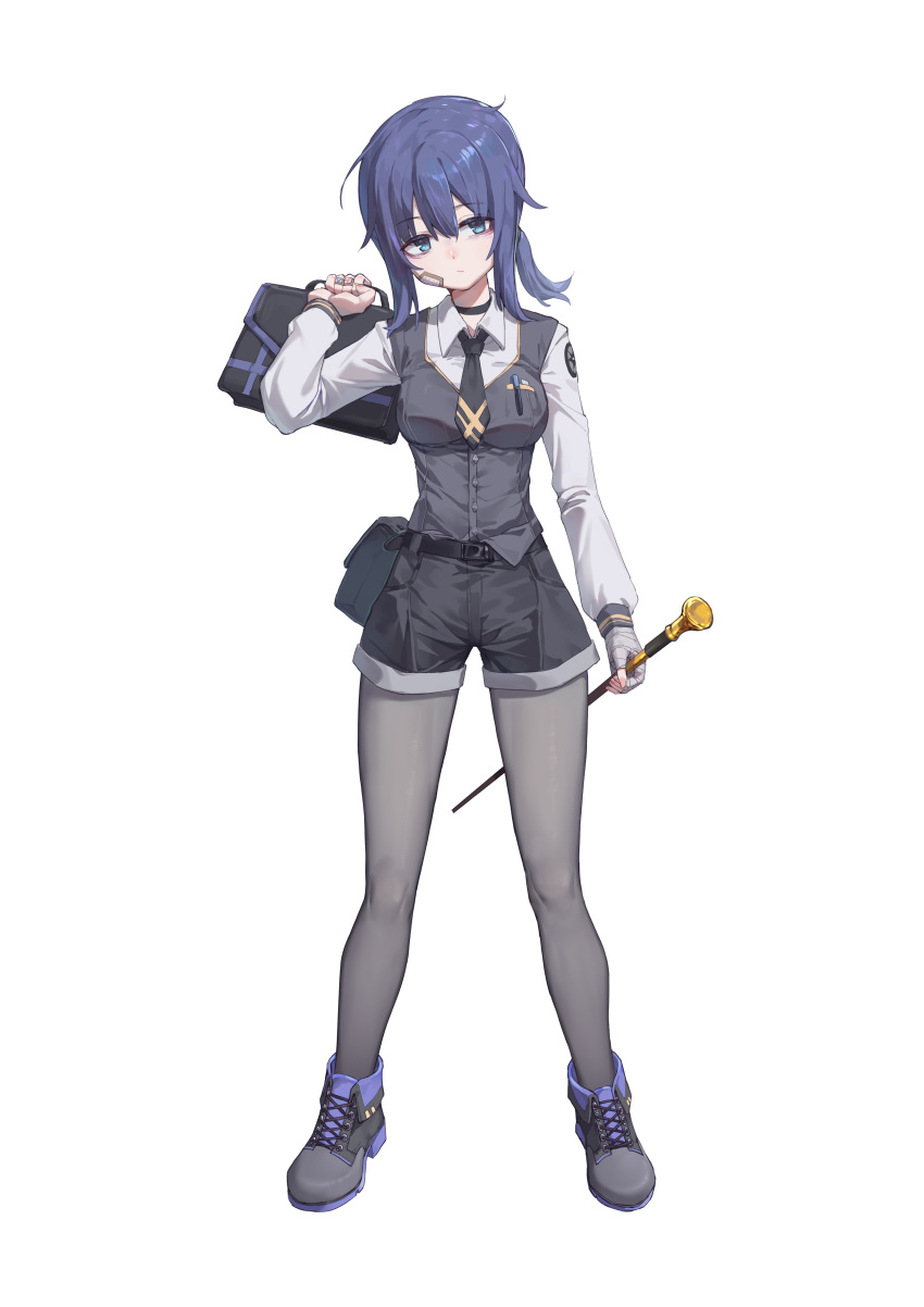 Safebooru - 1girl absurdres bag belt black pantyhose blazer blue eyes blue hair boots breasts ...
