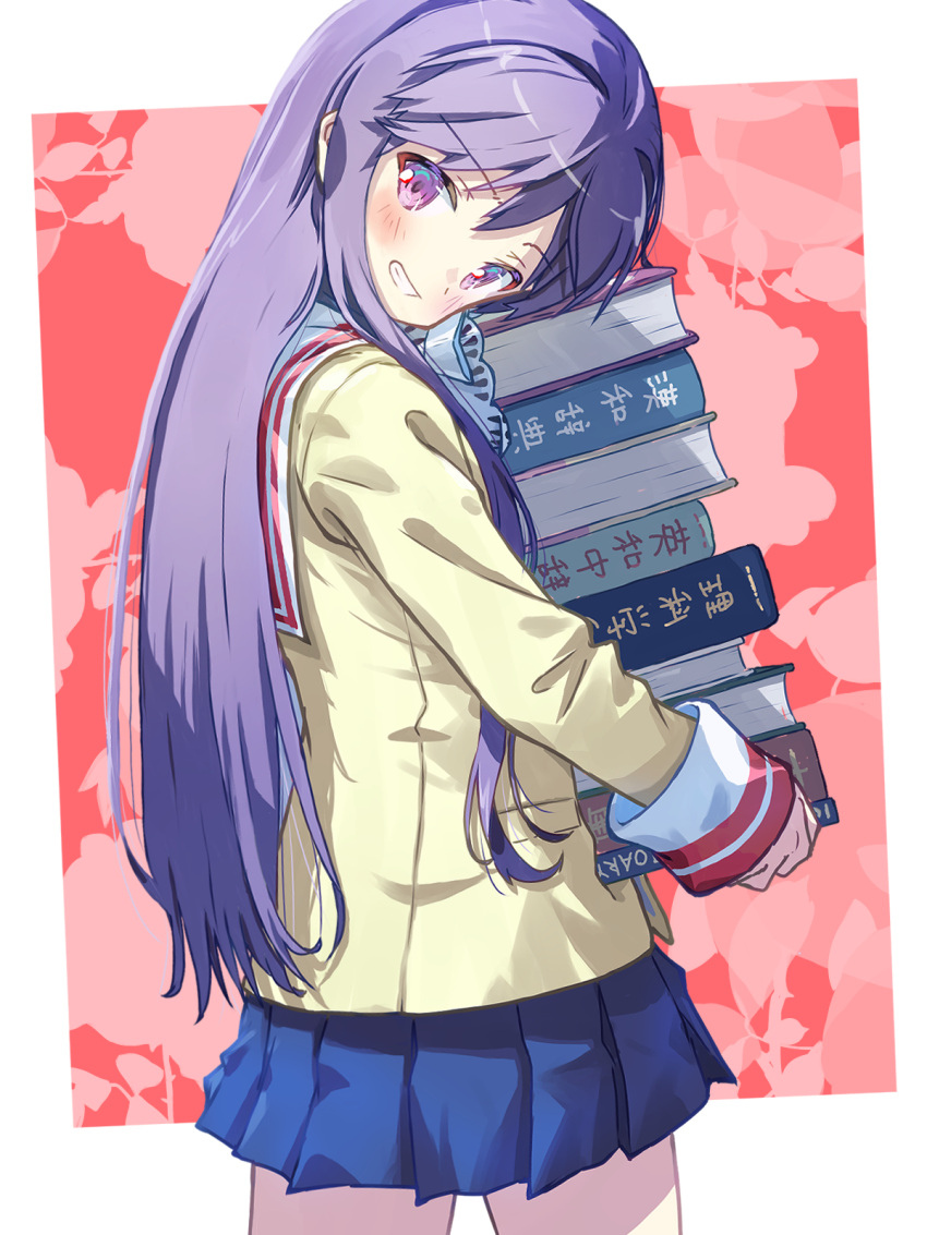 Safebooru - 1girl akayama yukihe blazer blue skirt blush book book stack border clannad ...