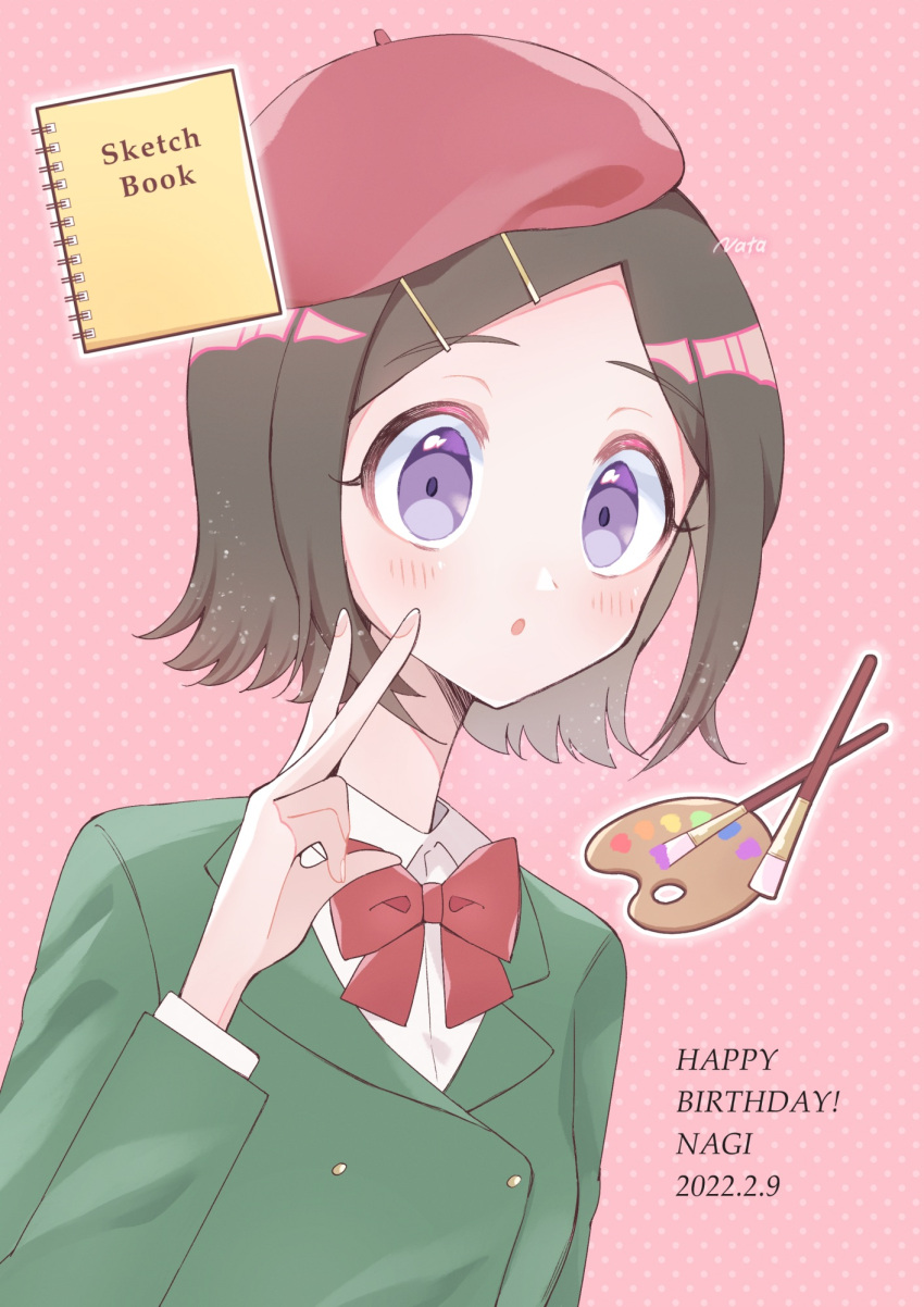 Safebooru - 1girl :o art brush artist name beret blazer blush bow ...