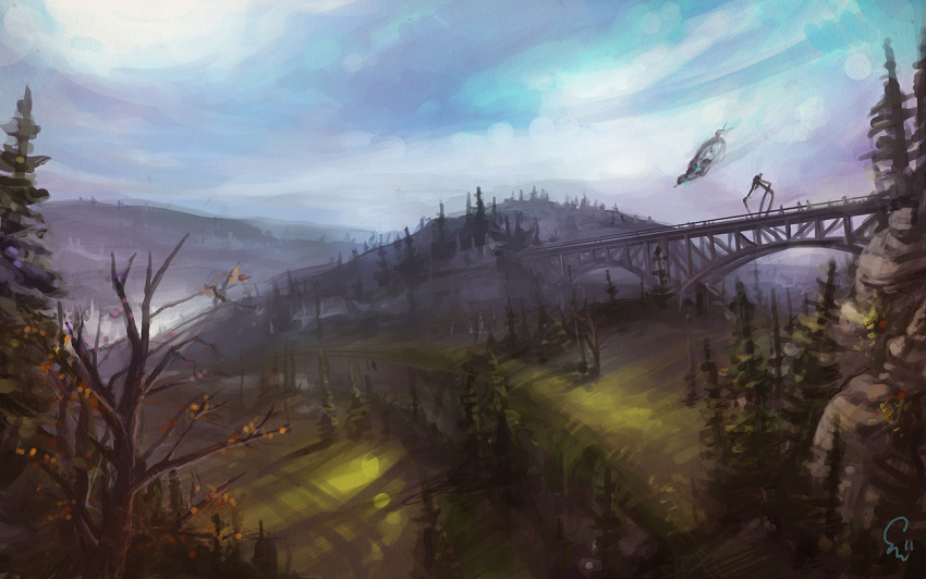 Safebooru - bare tree blue sky chemicalalia clouds cloudy sky combine ...