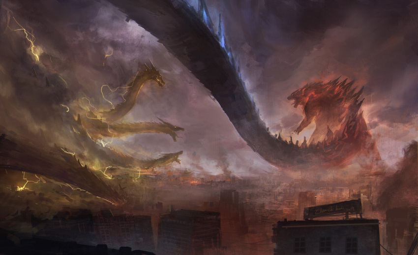 Safebooru - 2019 artist name battle bioluminescence burning godzilla chenchihuei city cityscape ...