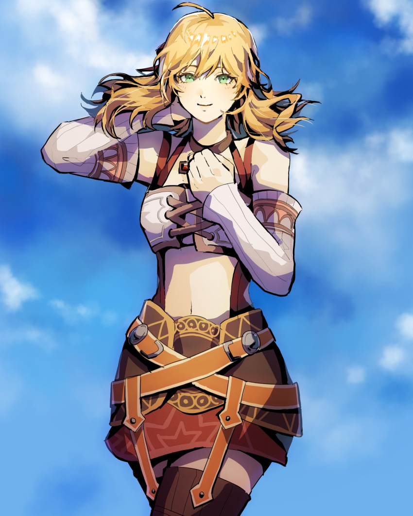 Safebooru - 1girl 4me3ba niku ahoge bare shoulders blonde hair blue sky blush brown skirt closed ...