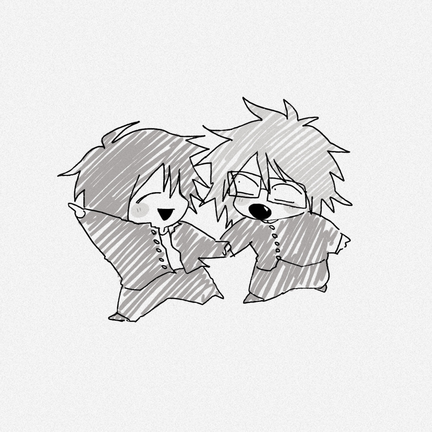 Safebooru - 2boys chibi fang full body gakuran glasses grey background ...
