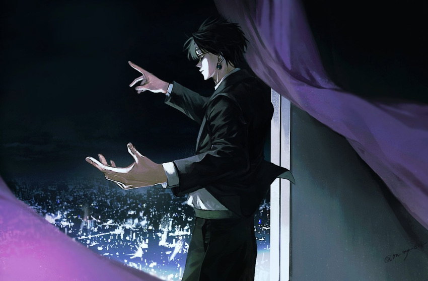 Safebooru - 1boy artist name black hair black jacket black pants black suit chrollo lucilfer ...