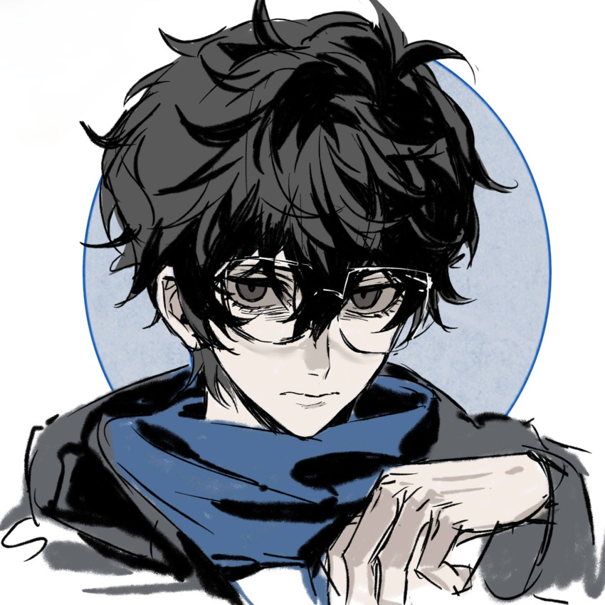 Safebooru - 1boy amamiya ren arm up black hair black jacket blue circle blue scarf closed mouth ...