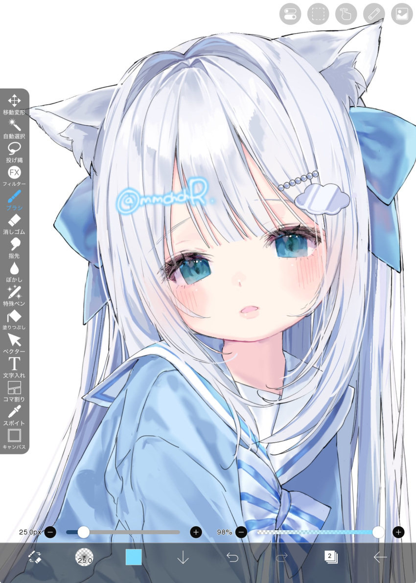 Safebooru - 1girl animal ear fluff art program in frame blouse blue bow blue eyes blue shirt bow ...