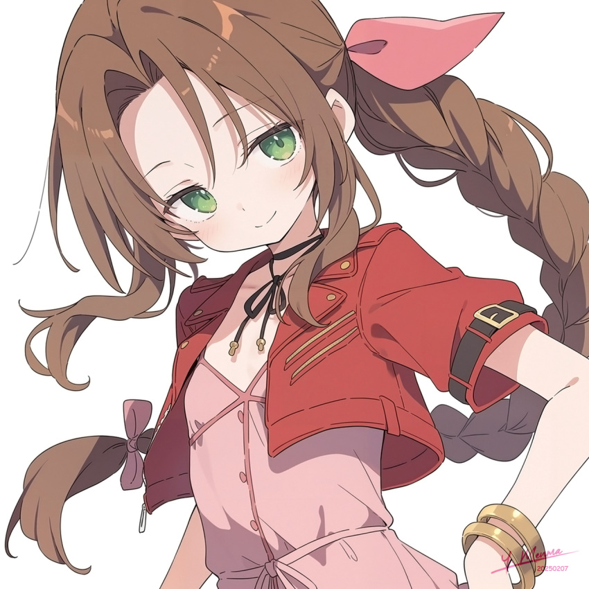 Safebooru - 1girl aerith gainsborough bangle bracelet braid braided ponytail brown hair choker ...