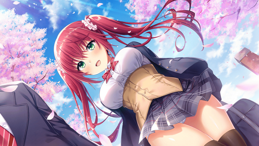 Safebooru - 1boy 1girl akai asaka bag blazer blue sky blush bow bowtie branch breasts buttons ...