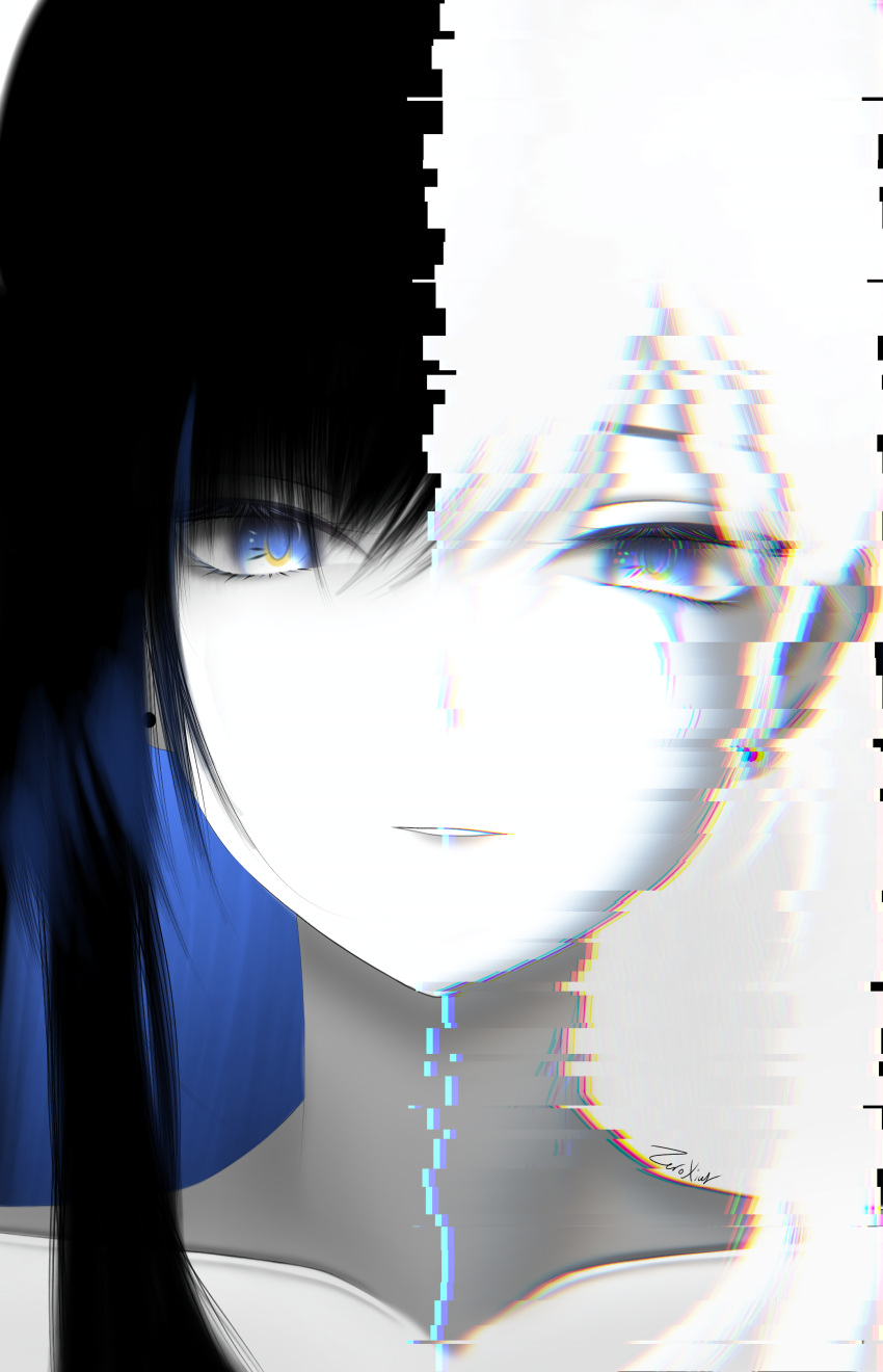 Safebooru - 1girl absurdres black hair blue hair colored inner hair ear piercing greyscale ...