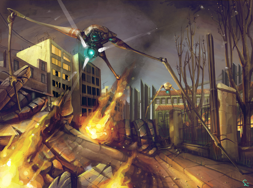 Safebooru - apartment bare tree building chemicalalia cyborg energy ...