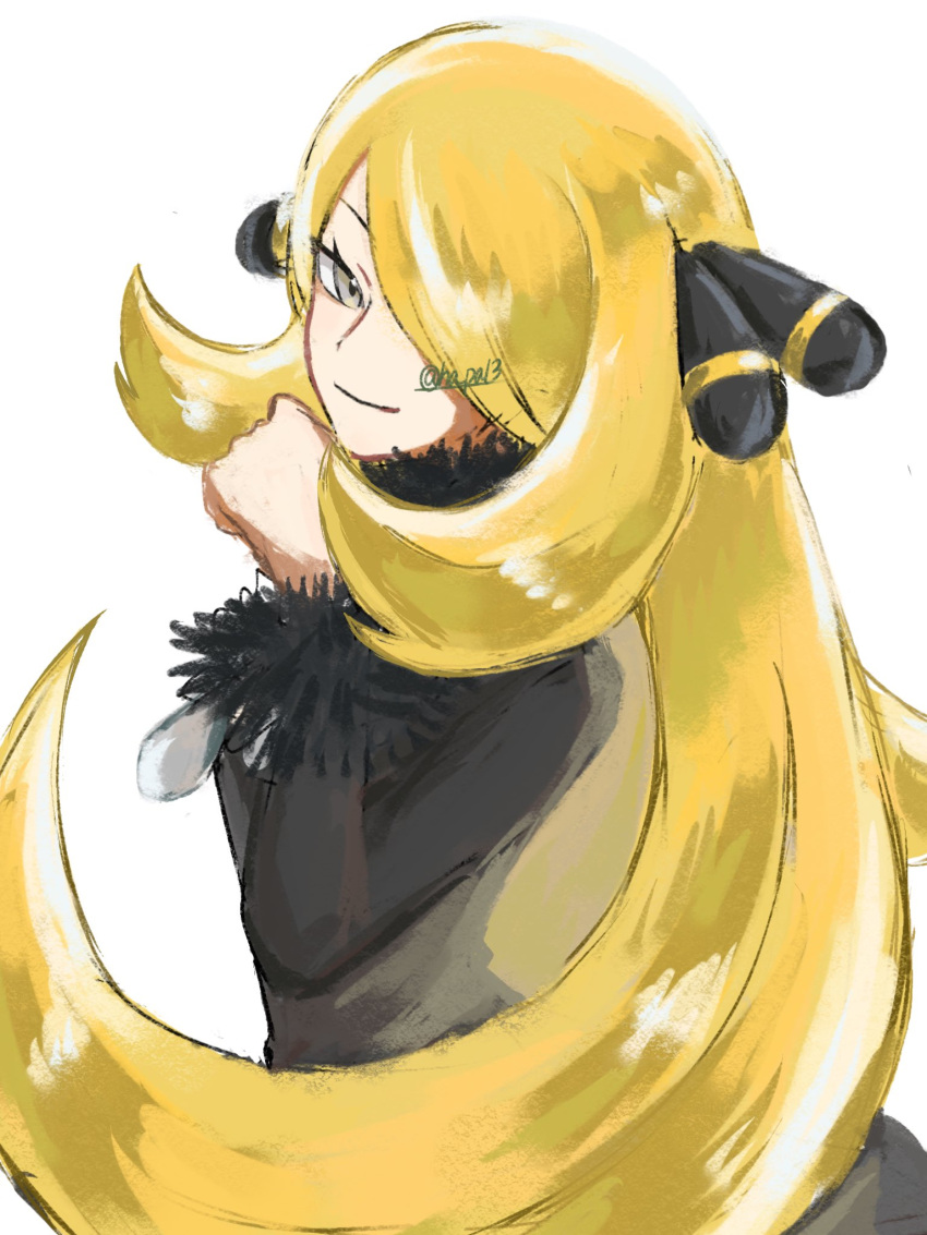 Safebooru - 1girl black coat blonde hair closed mouth coat cynthia (pokemon) from side fur trim ...