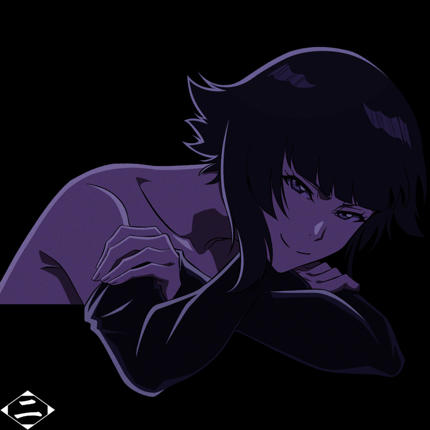 Safebooru - >:) 1girl bare shoulders black background black eyes black hair black sleeves bleach ...