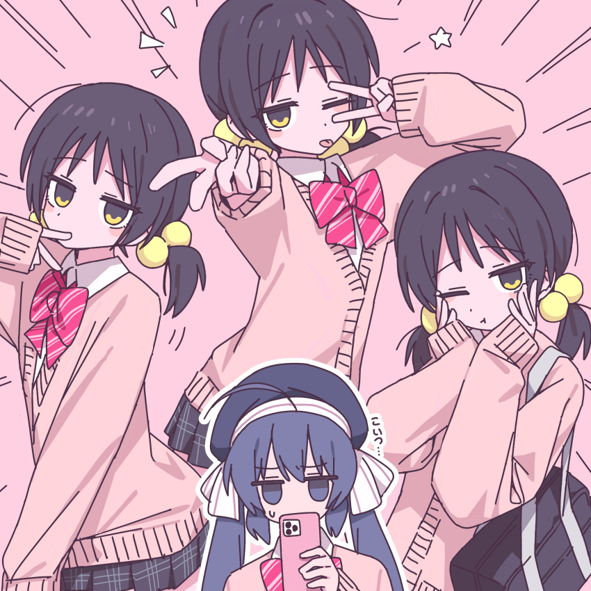 Safebooru - 2girls absurdres bag black hair black skirt blush stickers ...