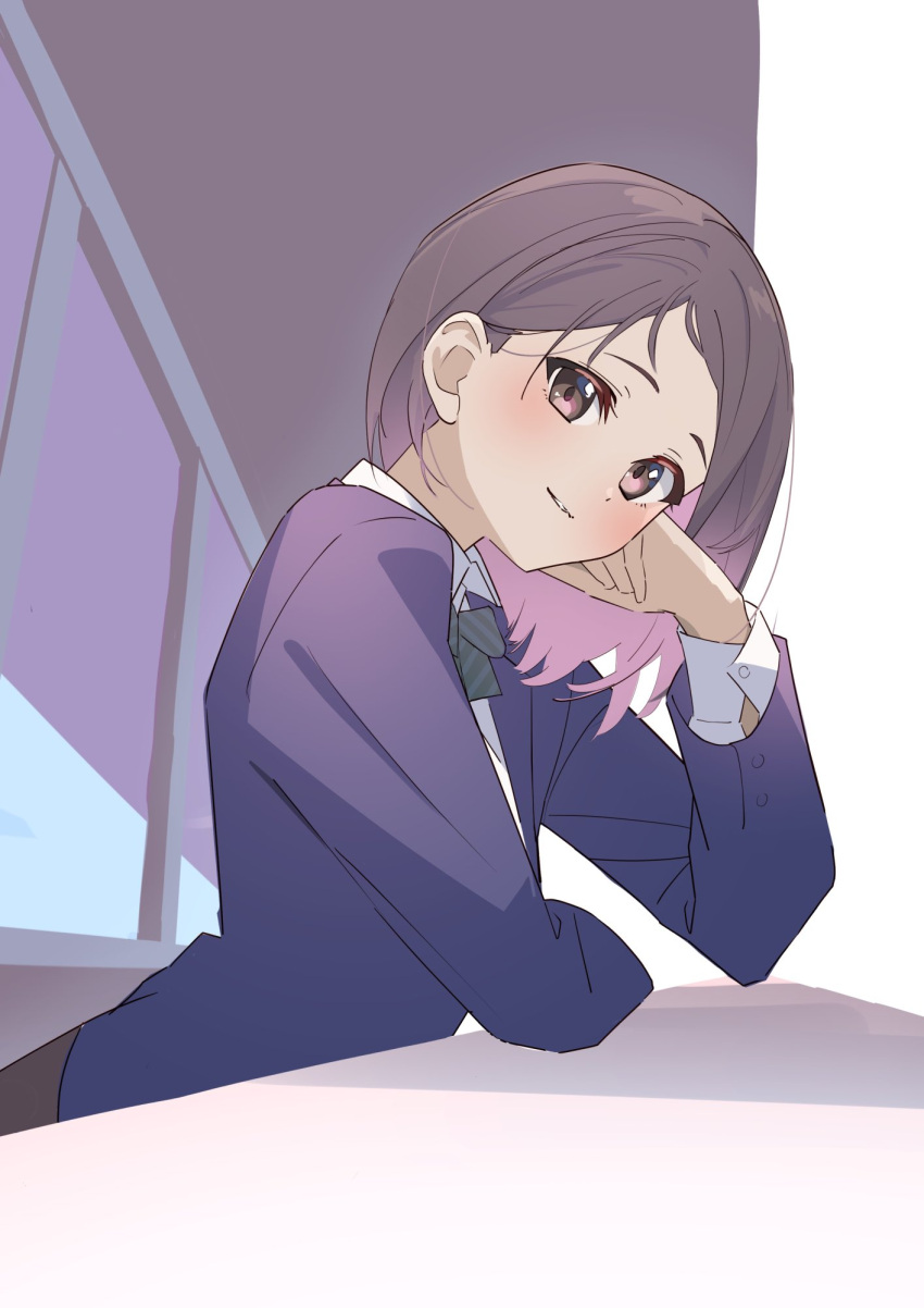 Safebooru - 1girl 22/7 asymmetrical hair blazer blue jacket bow bowtie brown skirt closed mouth ...