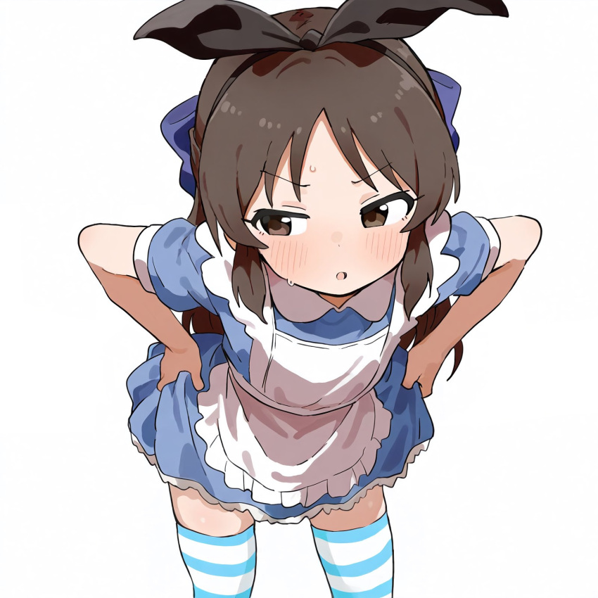 Safebooru - alice in wonderland blue dress blush brown eyes brown hair cosplay dress hair ribbon ...