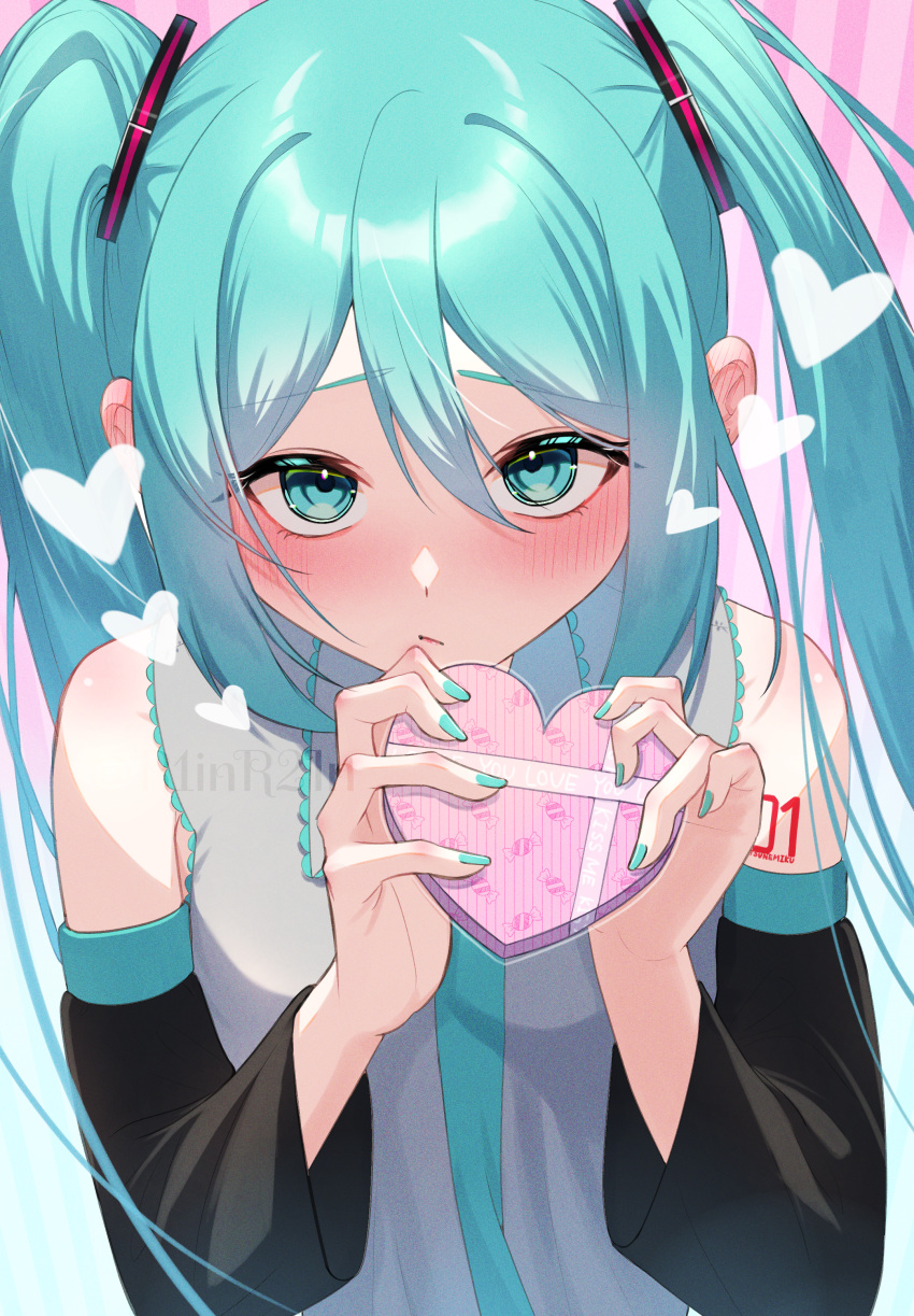 Safebooru - 1girl absurdres aqua eyes aqua hair aqua necktie black sleeves blush box closed ...