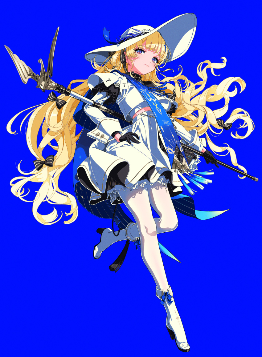 Safebooru - 1girl black collar black gloves blonde hair blue background blue eyes blue sash ...