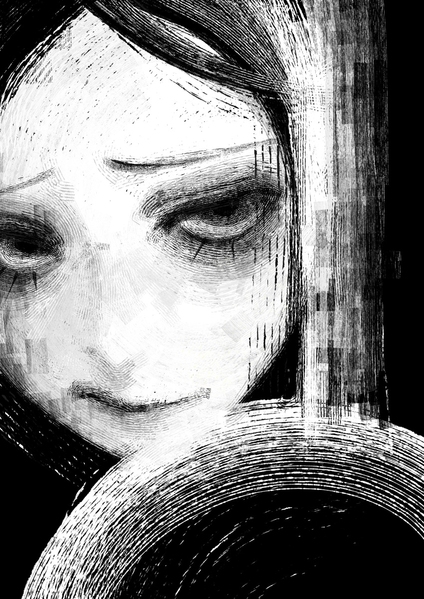 Safebooru - 1girl absurdres closed mouth greyscale highres long hair ...
