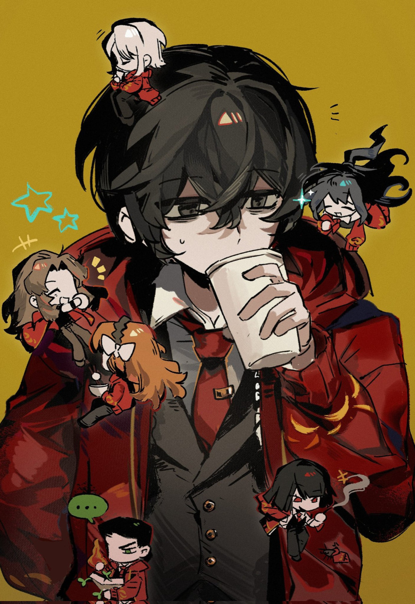 Safebooru - 3boys 4girls black eyes black hair black vest brown hair ...