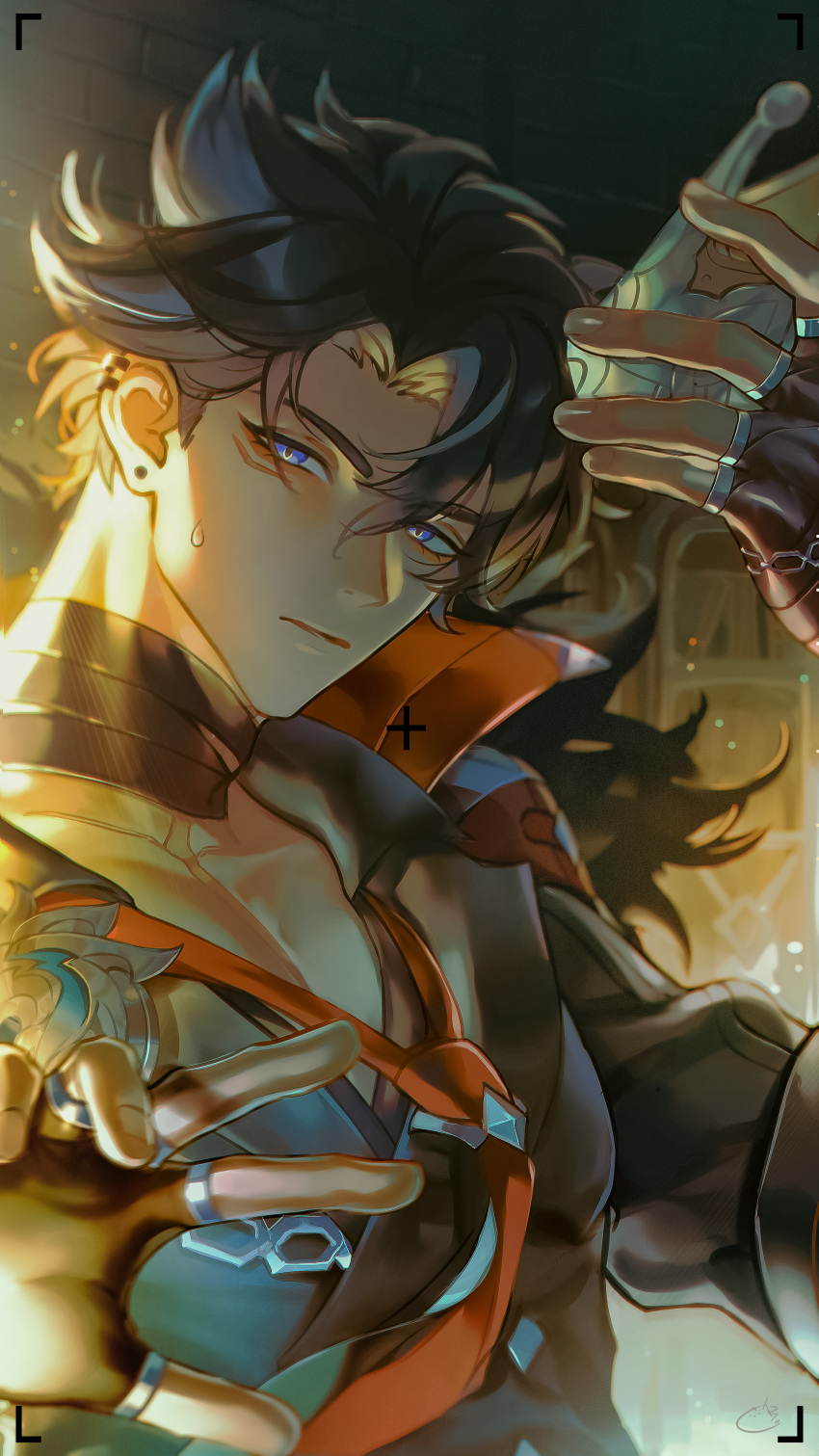 Safebooru - 1boy absurdres arm up bandaged neck bandages black bandages black gloves black hair ...