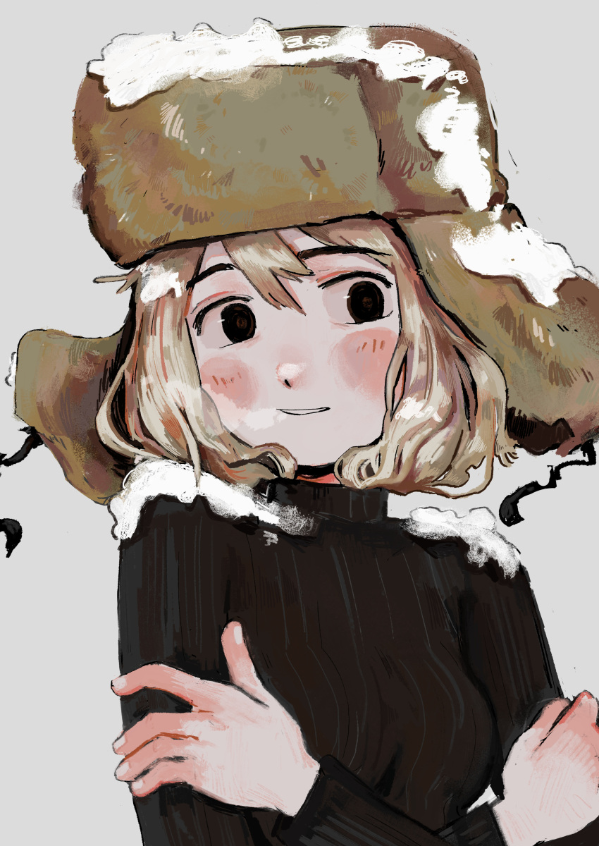 Safebooru - 1girl absurdres black eyes black sweater blonde hair blush breath brown hat cold ...