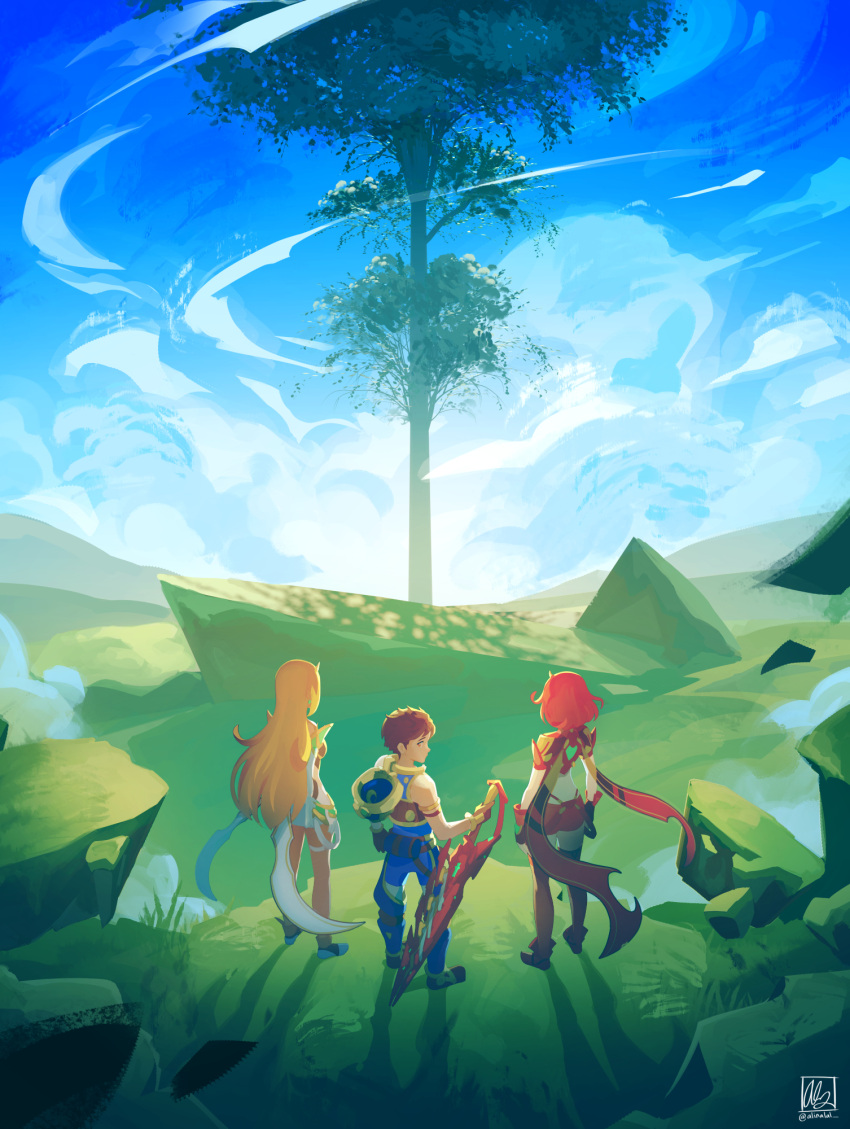 Safebooru - 1boy 2girls alina l blonde hair boots brown hair clouds ...