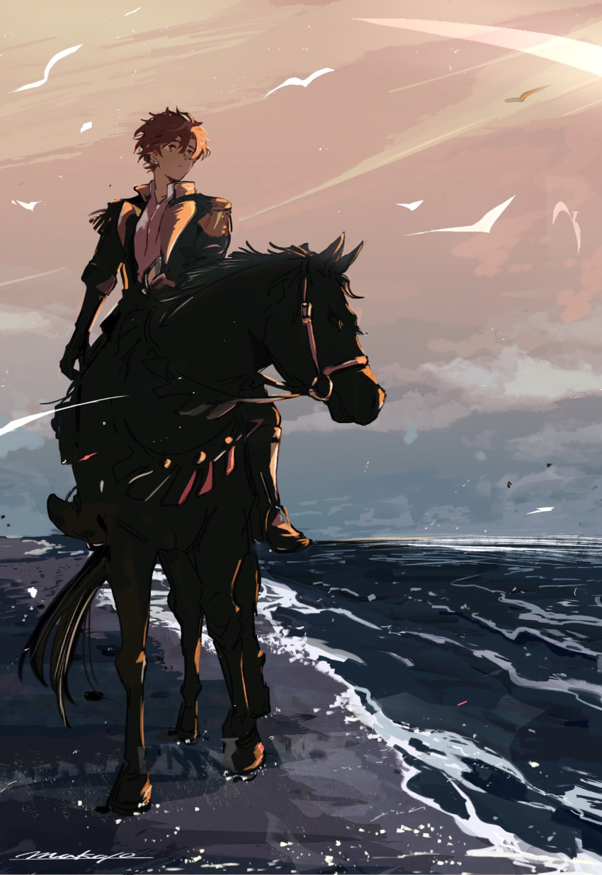 Safebooru - 1boy animal beach bird closed mouth clouds collared jacket ...