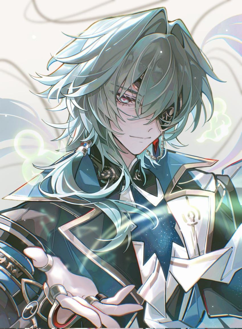 Safebooru - 1boy abs anaxa (honkai: star rail) aqua eyes aqua hair ascot belt black jacket ...