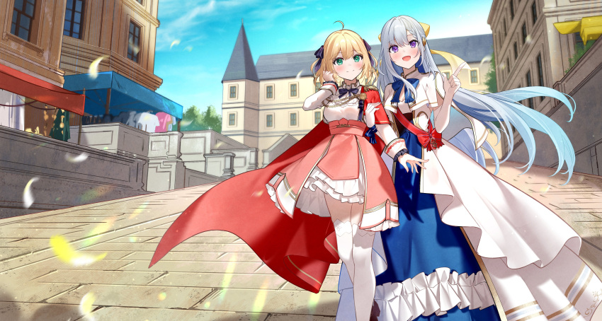 Safebooru - 2girls absurdres ahoge anisphia wynn palettia blonde hair blue hair building cape ...