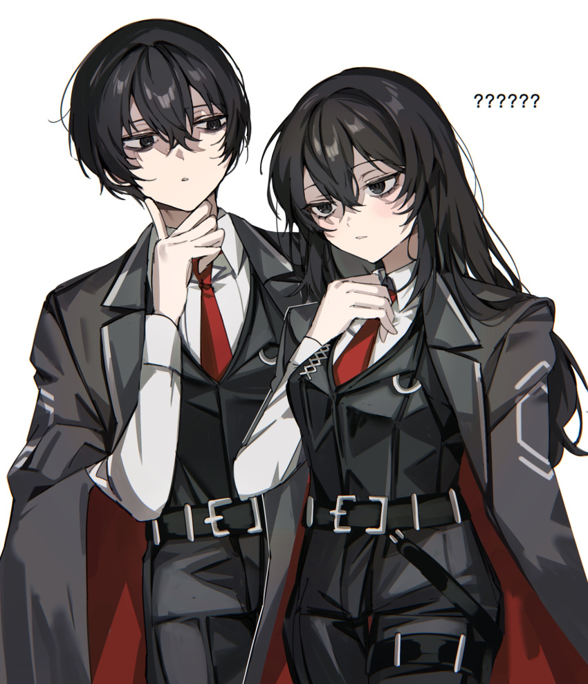 Safebooru - 1boy 1girl :o ? ?? belt black coat black eyes black hair black pants black vest coat ...