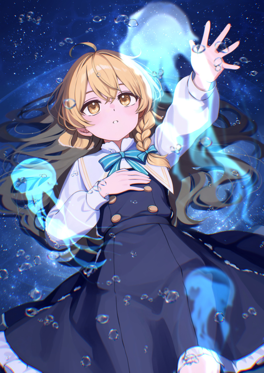 Safebooru - 1girl absurdres adapted costume air bubble aqua bow aqua bowtie black skirt black ...