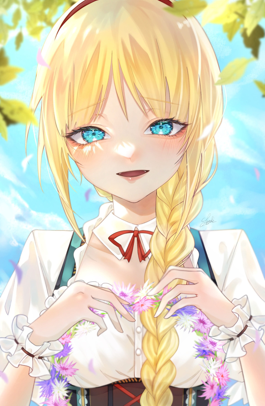 Safebooru - 1girl absurdres blonde hair blue sky braid breasts hair ornament heaven burns red ...