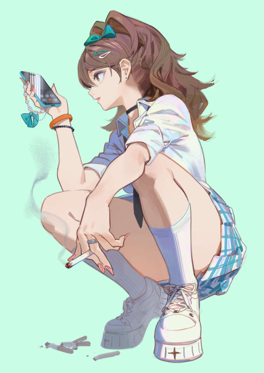 Safebooru - 1girl absurdres ankle socks brown eyes brown hair character request choker cigarette ...