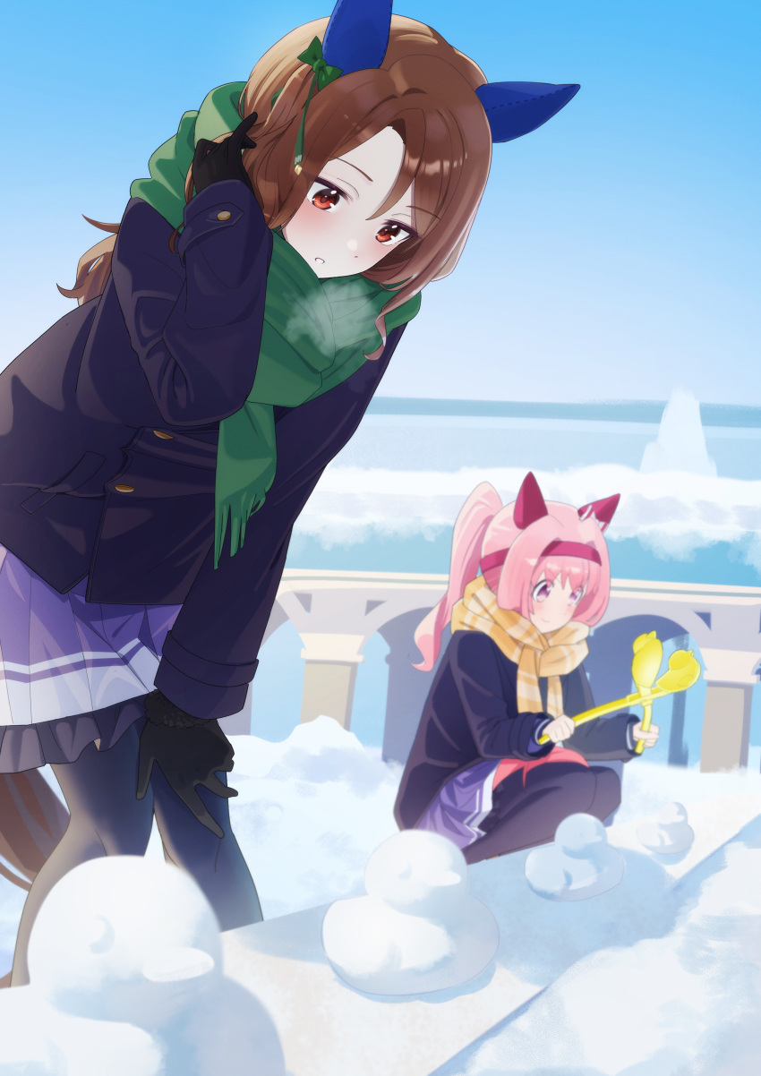 Safebooru - 2girls absurdres animal ears black gloves brown hair ear covers freely2327 gloves ...