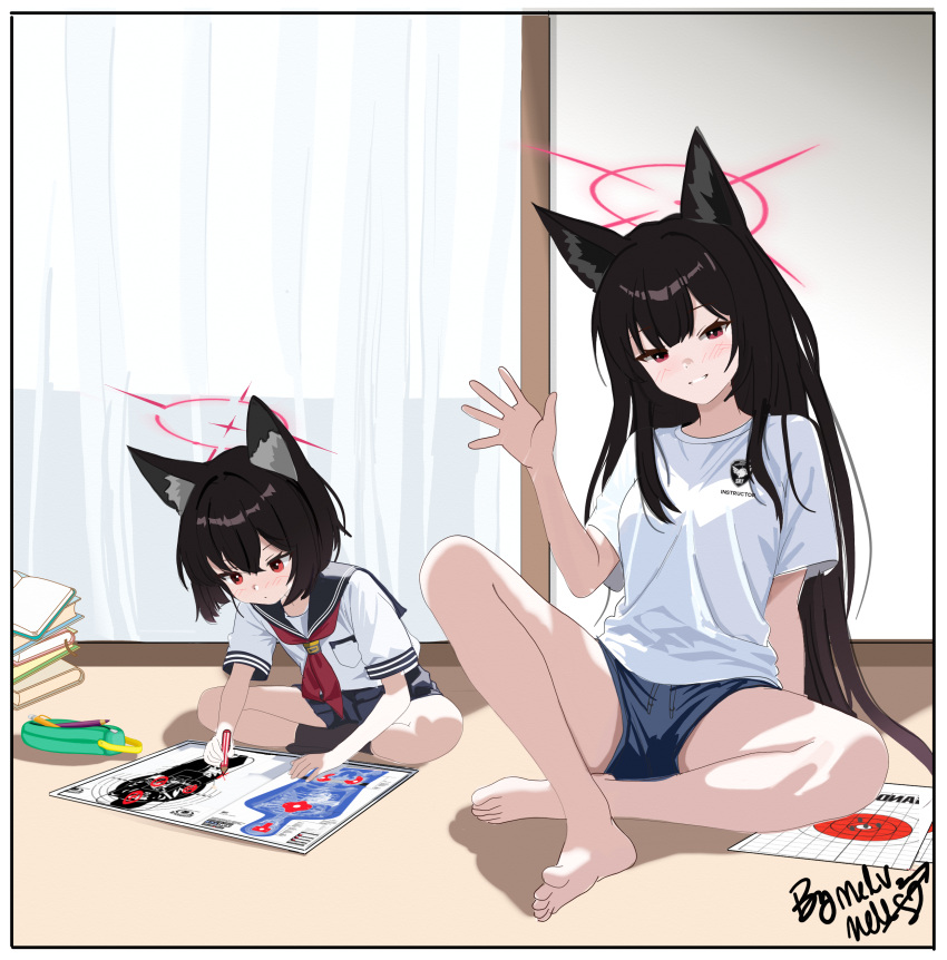Safebooru - 2girls absurdres alternate costume animal ear fluff animal ears barefoot black hair ...