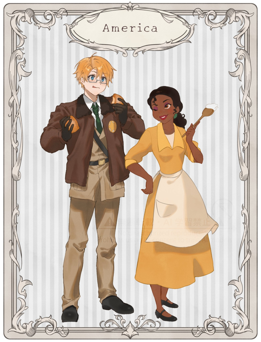 Safebooru - 1boy 1girl america (hetalia) apron axis powers hetalia belt black-framed eyewear ...