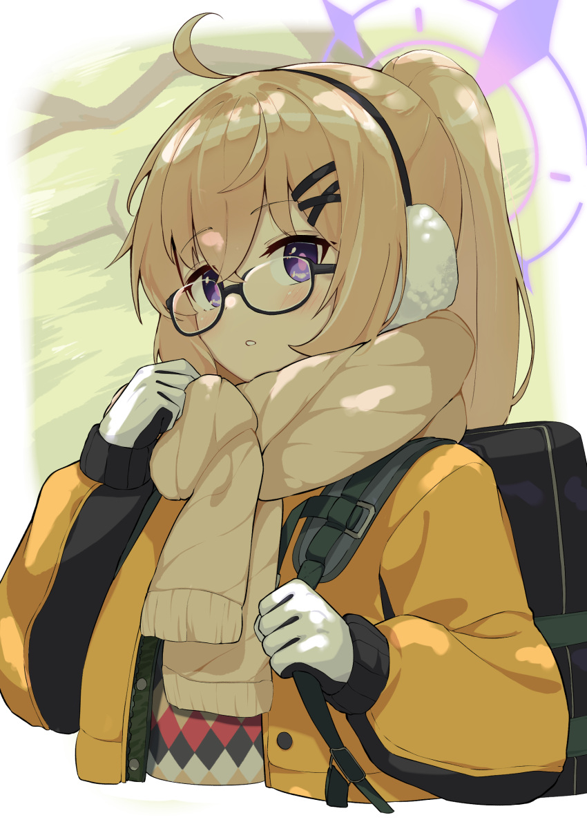 Safebooru - 1girl absurdres ahoge argyle clothes argyle sweater backpack bag black-framed ...