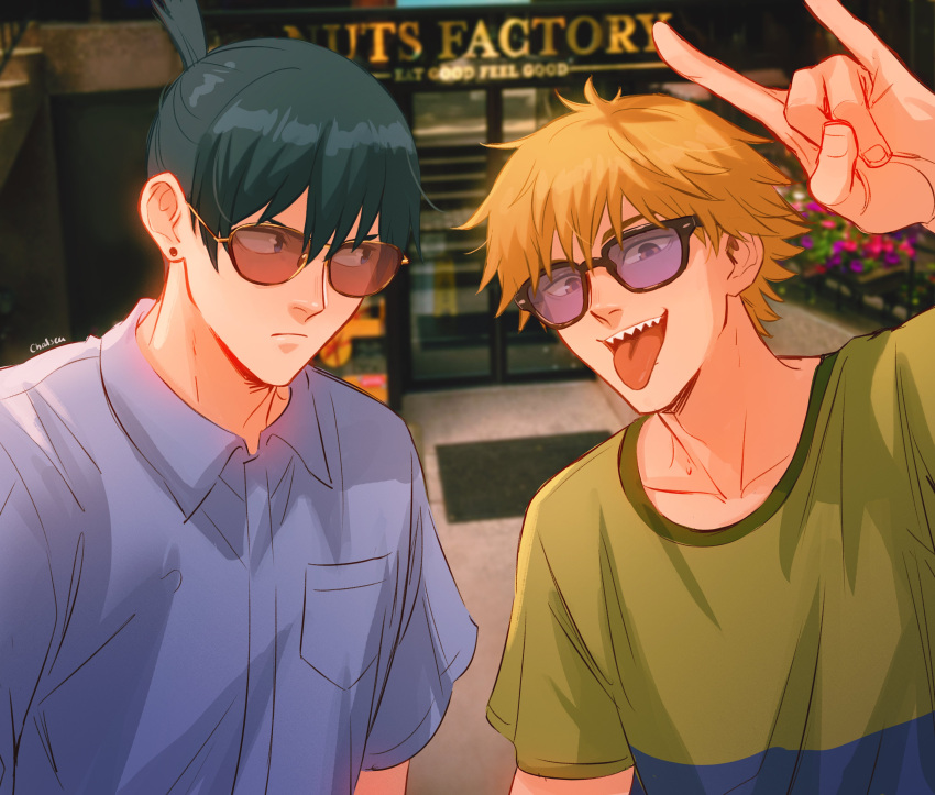 Safebooru - 2boys absurdres black hair blonde hair blue eyes blue shirt ...