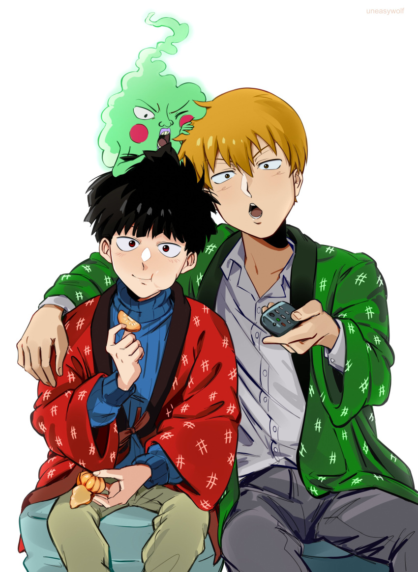 Safebooru - 3boys :o absurdres blush controller derivative work eating ...