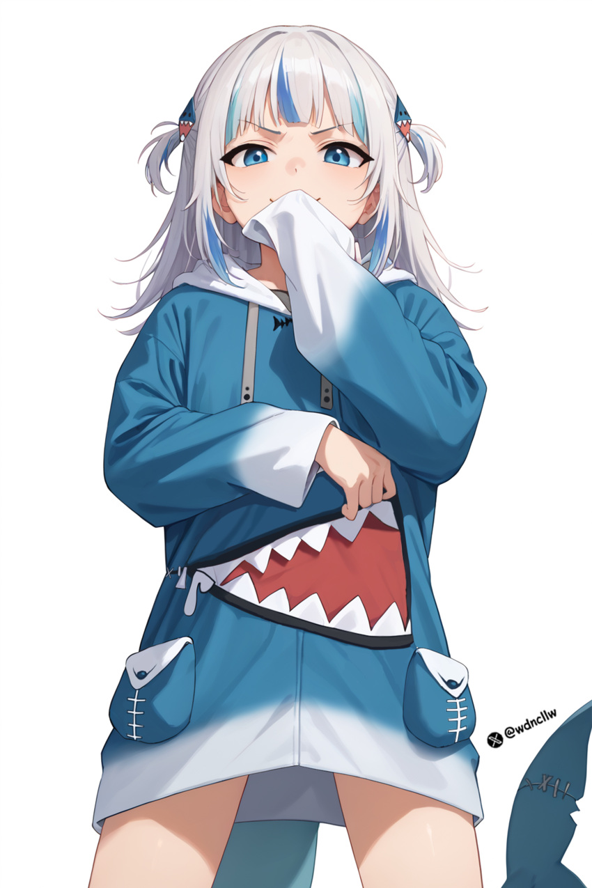 Safebooru - 1girl absurdres animal hood blue eyes blue hair blue hoodie blunt bangs covering own ...