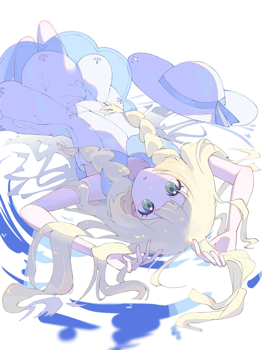 Safebooru - 1girl bed sheet blonde hair blunt bangs braid dress green eyes hat highres lillie ...