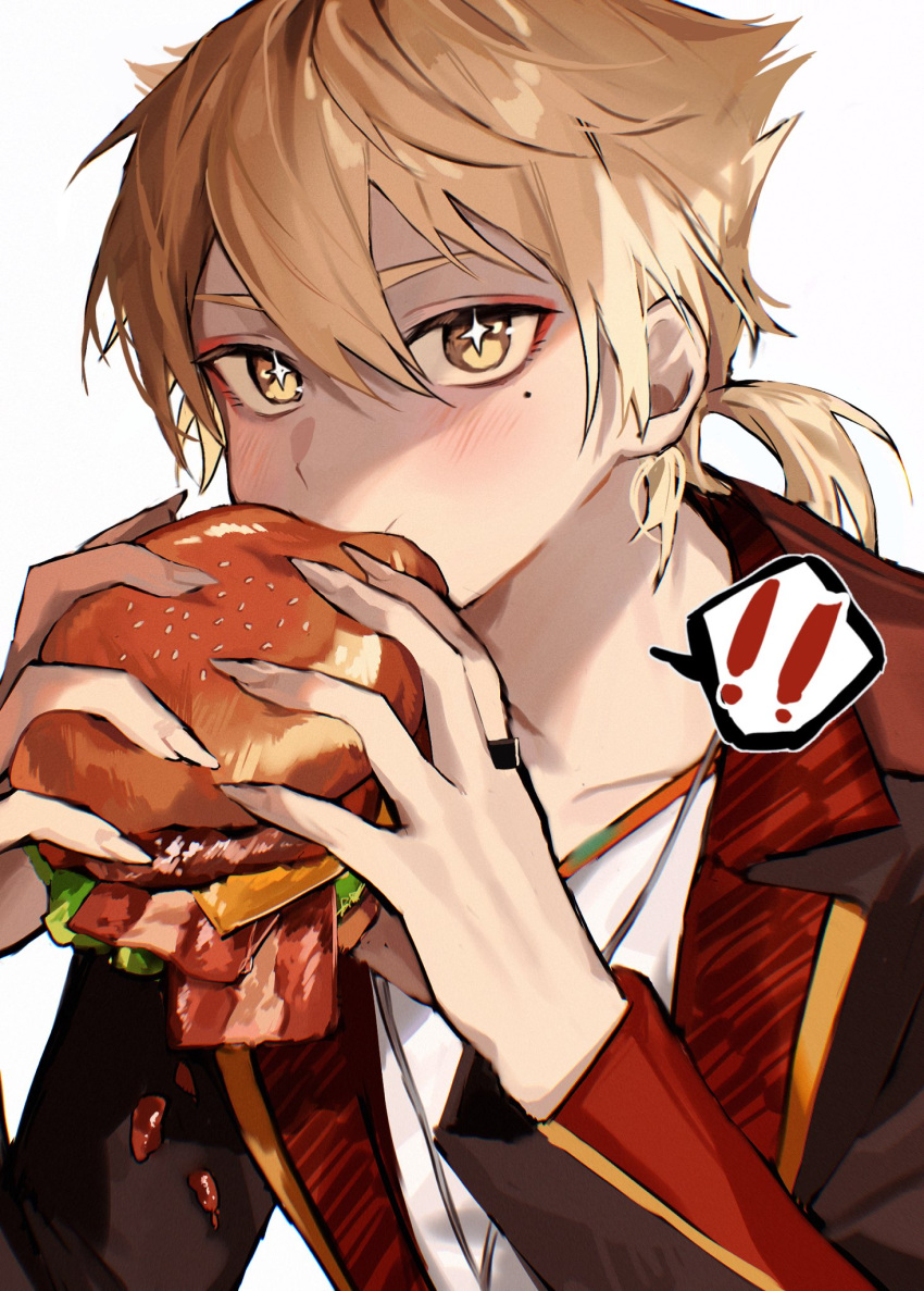 Safebooru - + + 1boy bacon black jacket blush brown eyes brown hair burger burger malfunction ...