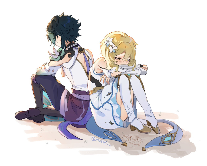 Safebooru - 1boy 1girl aether (genshin impact) back-to-back bead necklace beads black boots ...