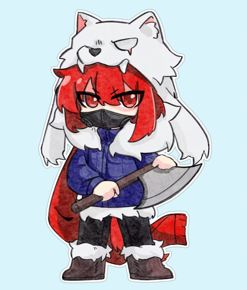Safebooru - 1girl animal hood arknights axe blue background chibi chibi ...
