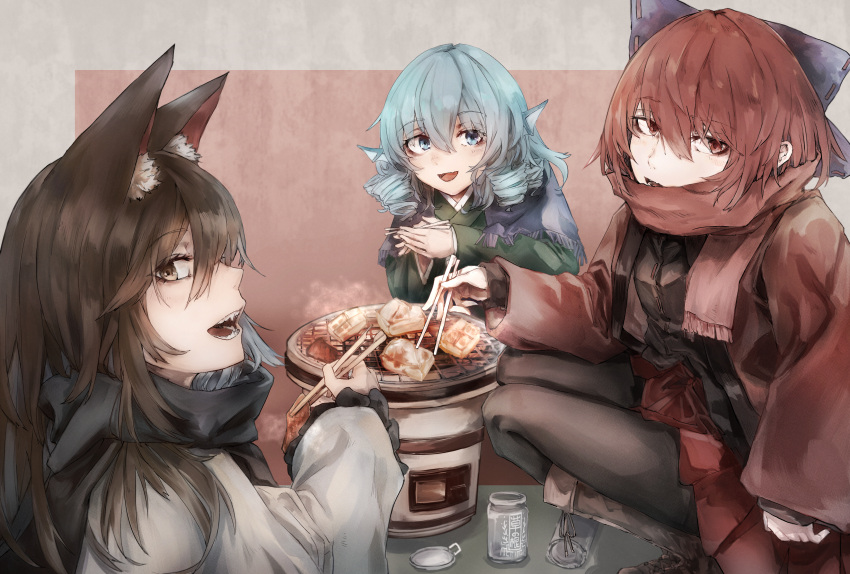 Safebooru - 3girls absurdres black pantyhose black scarf blue eyes blue hair boots brown boots ...